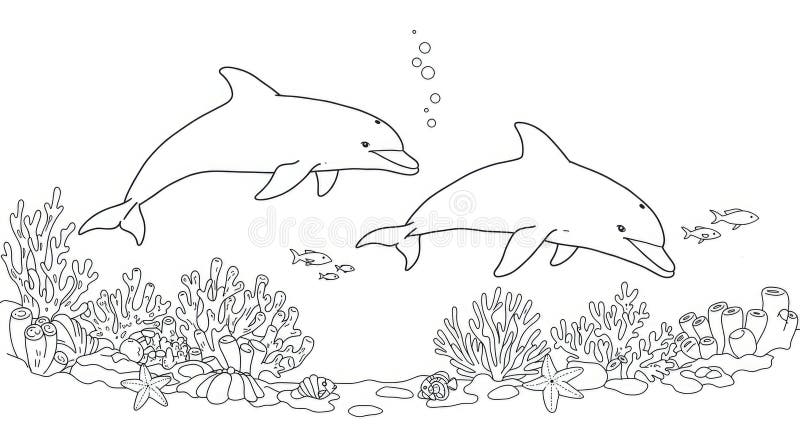 Line Drawing Pair of Dolphins Gliding Above Coral Garden Outline ...