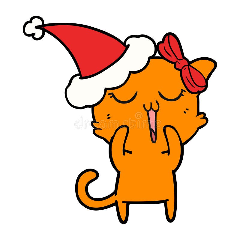 Line Drawing of a Cat Wearing Santa Hat Stock Vector - Illustration of ...