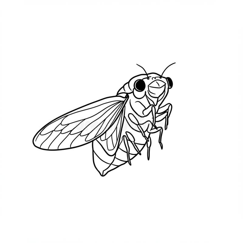 Line Drawing of a Cicada on a White Background. Features Large Compound ...