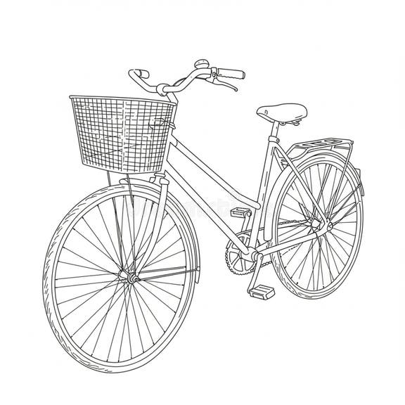 Line Drawing of a Classic Bicycle Featuring a Basket on the Front ...