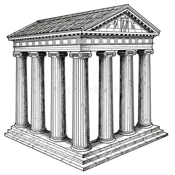 Line Drawing of a Classical Greek Temple Featuring a Rectangular ...