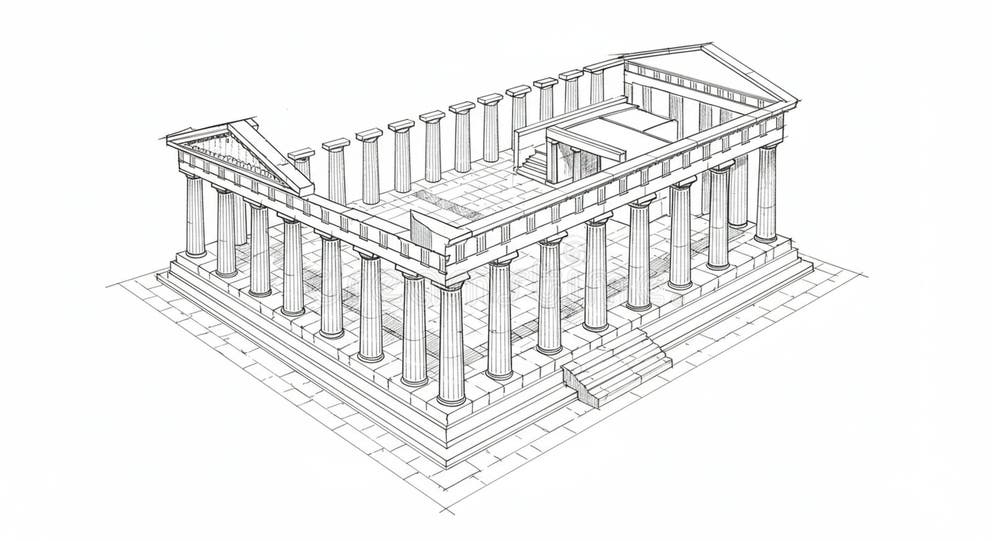 Line Drawing of a Classical Greek Temple Showing a Rectangular ...