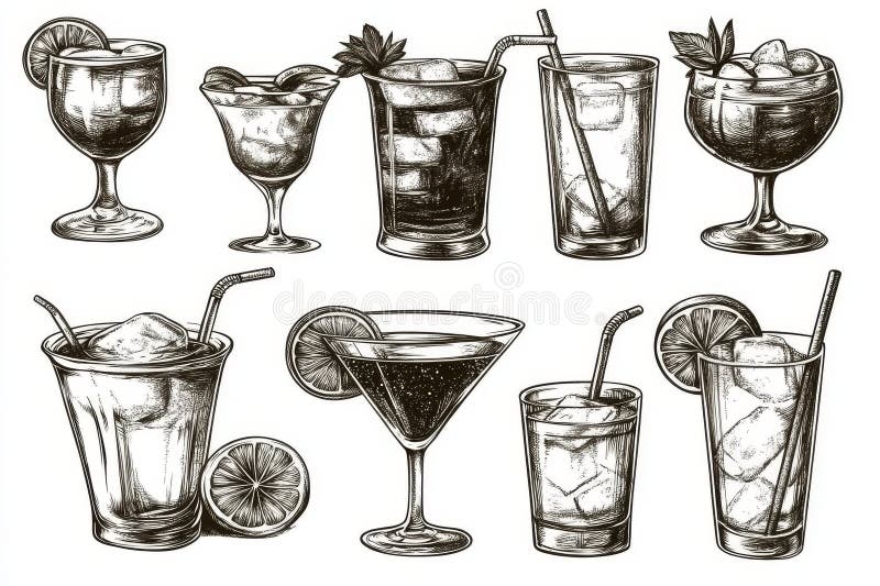 Line Drawing Collection of Alcoholic Beverages for Bar Menus. Created ...