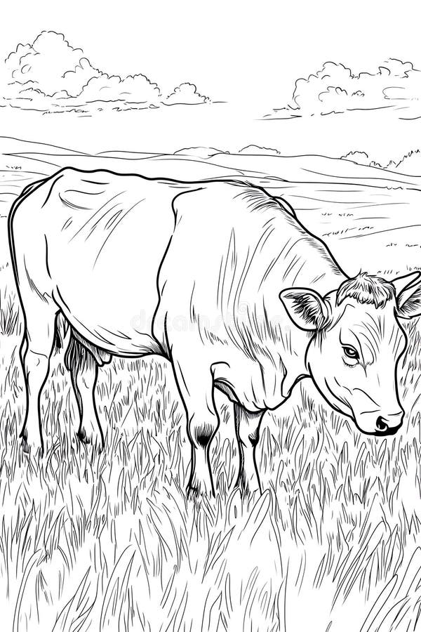 Line Drawing of a Cow Grazing in a Field Stock Illustration ...