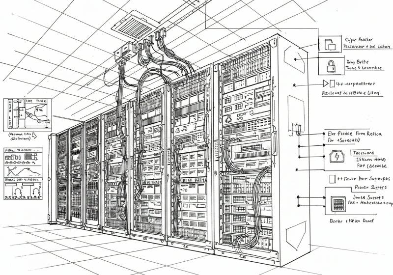 Line Drawing of a Data Center Featuring Multiple Server Racks Filled ...