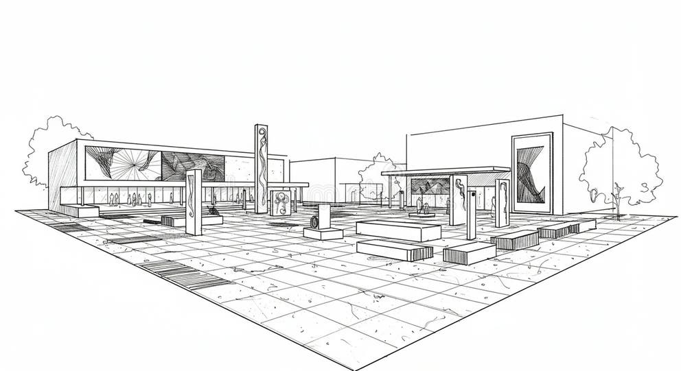 Line Drawing Depicting a Modern Architectural Space with Geometric ...