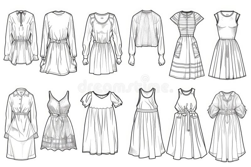 Line Drawing of Different Types of Dresses. Suitable for Fashion Design ...