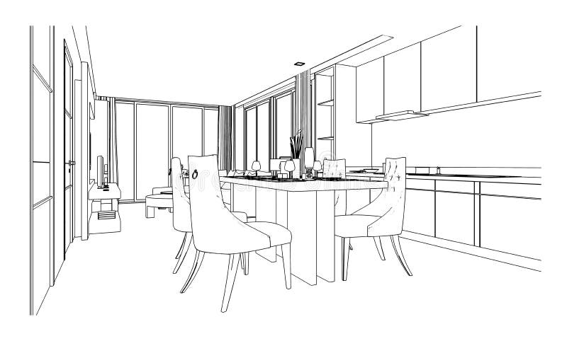 Line Drawing of Dining Area,Modern Design Stock Illustration ...