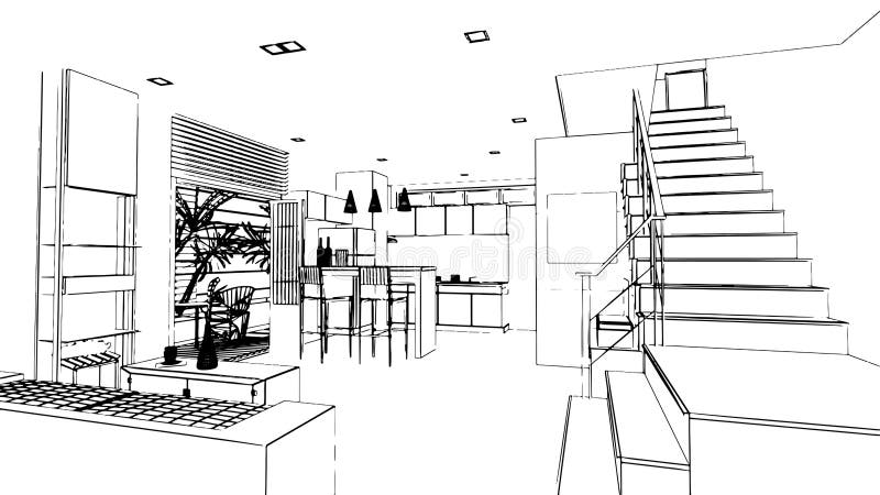 Line Drawing of the Dining Room and Kitchen Area in the House,3d ...