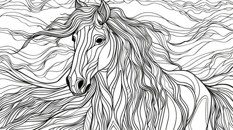Line Drawing of a Dynamic White Horse Galloping Across a Field Stock ...