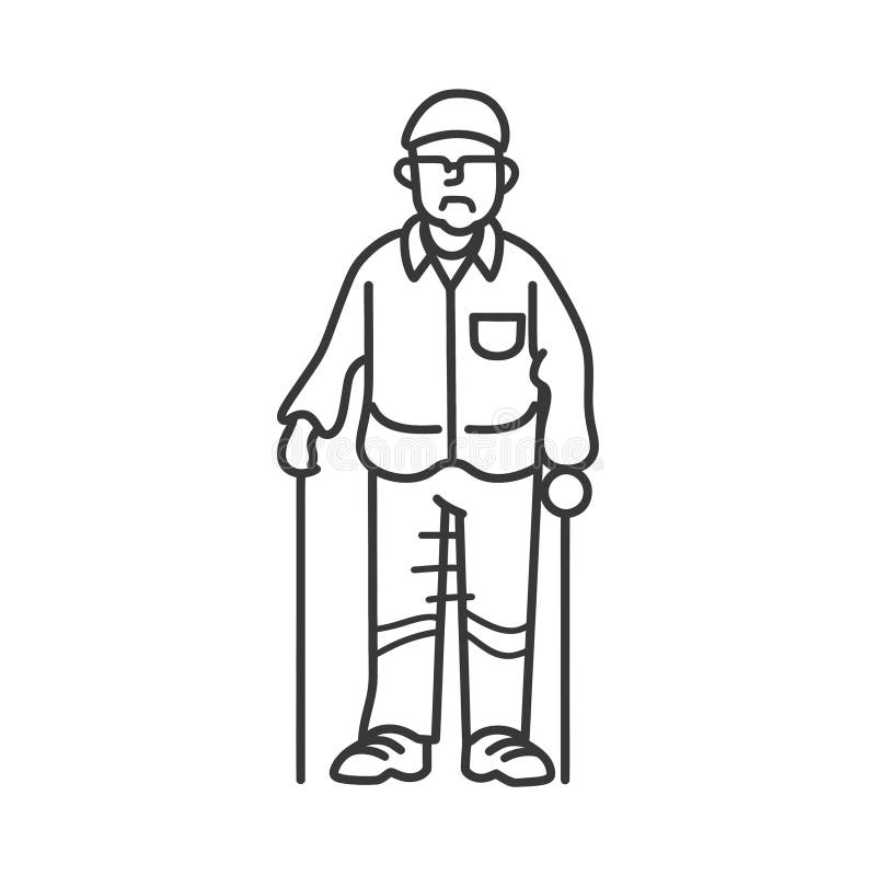 Elderly Man with Walking Sticks, Simple Line Art Illustration Stock ...