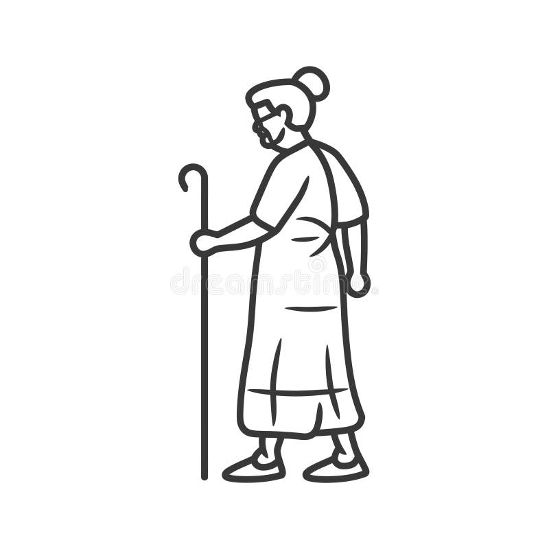Elderly Woman Walking with Cane, Simple Line Art Illustration Stock ...