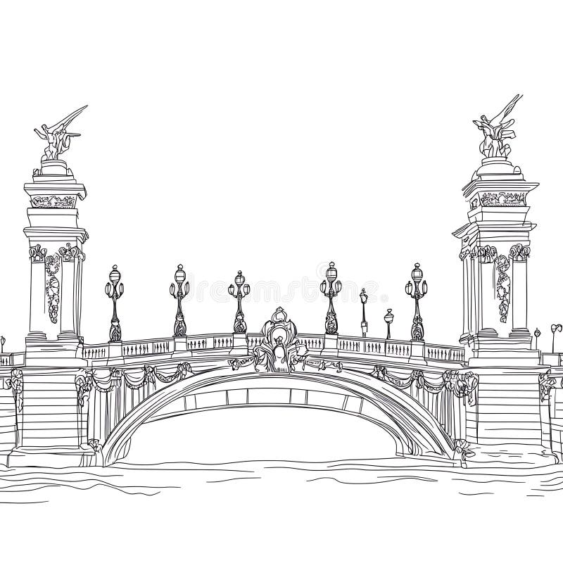 Line Drawing of an Elegant Bridge with Ornate Details and Sculptures ...