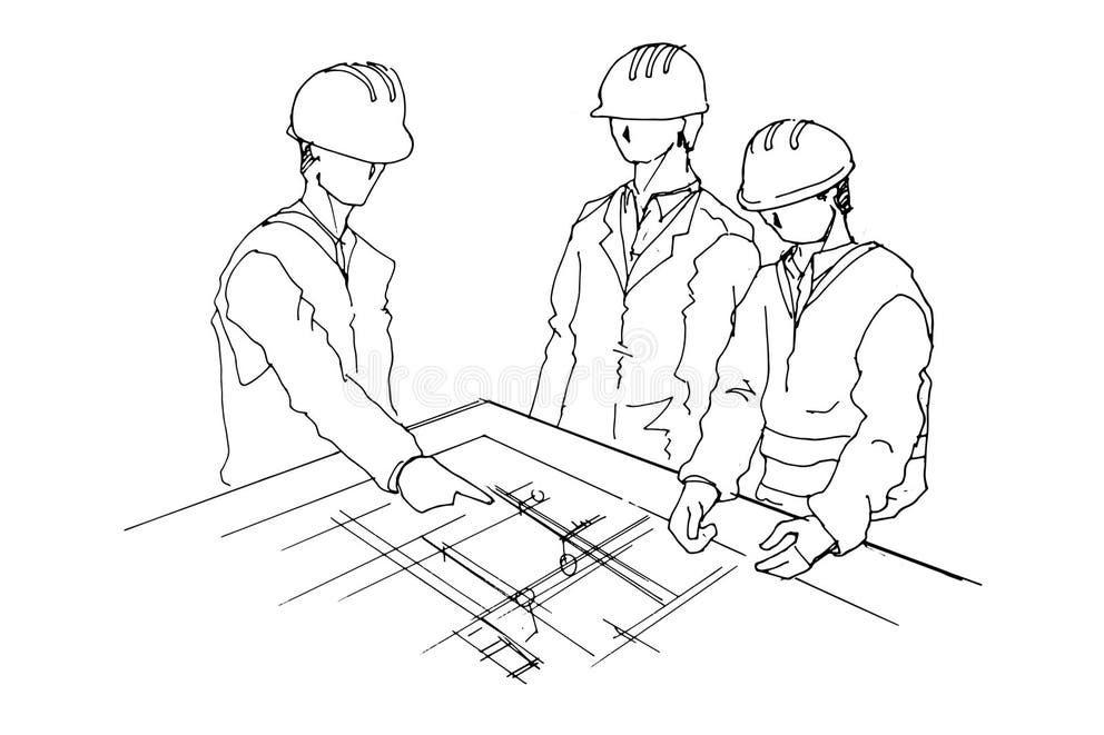 Line Drawing 3 Engineers Discussing Work ,a Line Drawing Using Interior ...