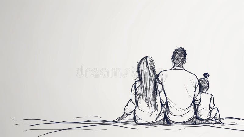 Line Drawing a Family of Three Sits on a Blanket on the Ground Stock ...