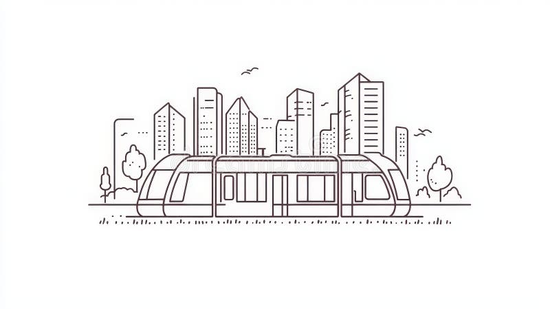 A Line Drawing Featuring a Suburban Train, Trees, and the Landscape ...