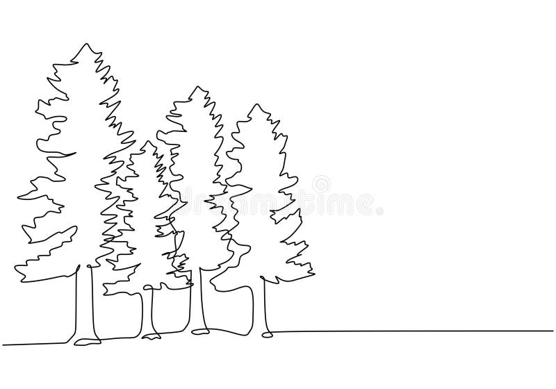 Line Drawing of Forest Tree in Continuous Single One Outline Silhouette ...