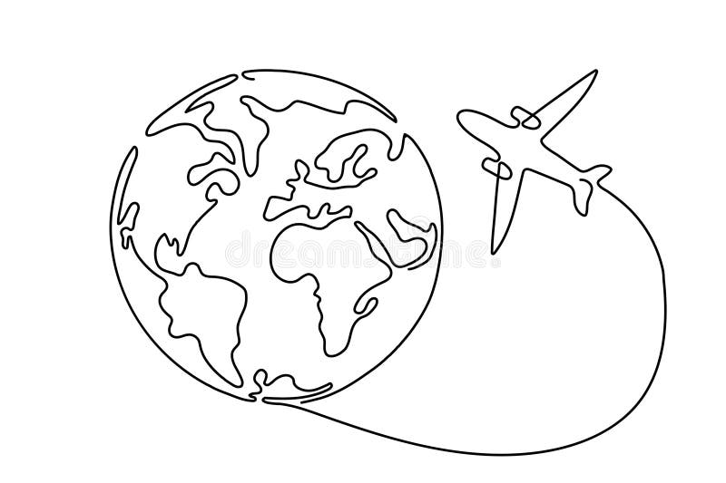 Line Drawing of Globe with Airplane. Airline Travel and Flights. Flight ...