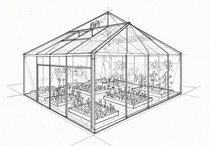 Line Drawing of a Greenhouse Featuring a Rectangular Structure with a ...