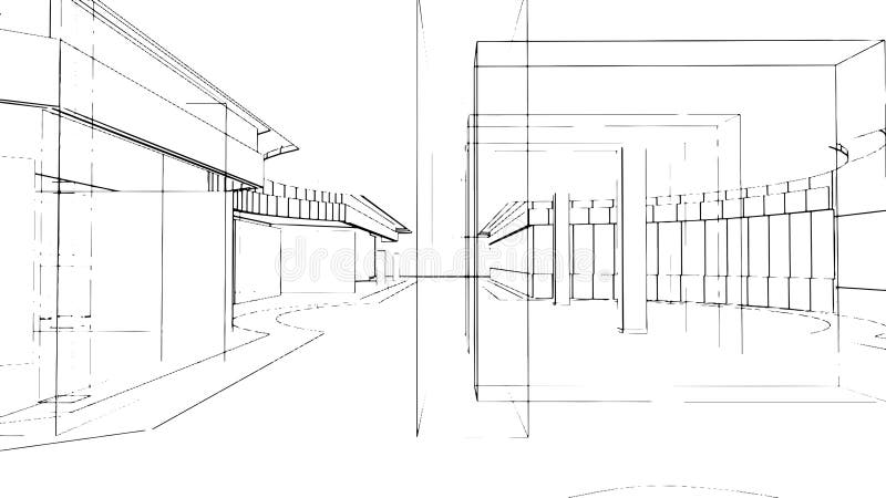 Line Drawing of a Hallway in a Department Store.,3d Rendering Stock ...