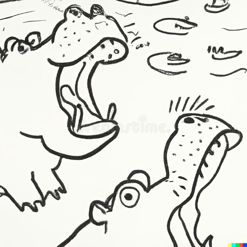 Line Drawing of Hippo with Wide Open Mouth - Generative AI Stock ...