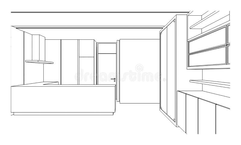 Line Drawing of Kitchen,Modern Design Stock Illustration - Illustration ...