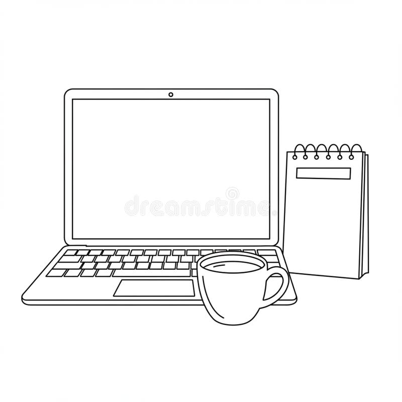 Line Drawing of a Laptop with a Blank Screen on a Table. in Front of ...