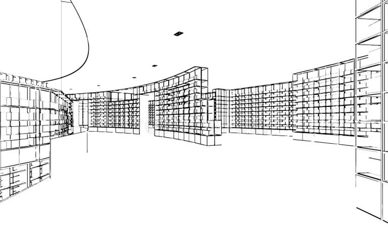 Line Drawing of a Large Bookshelf Structure in a Bookstore,3d Rendering ...