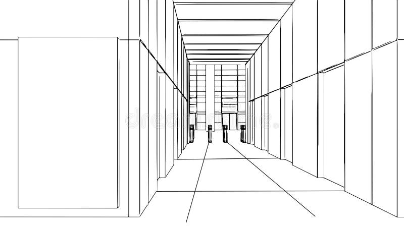 Line Drawing of a Large Office Building Hall,3d Rendering Stock Vector ...