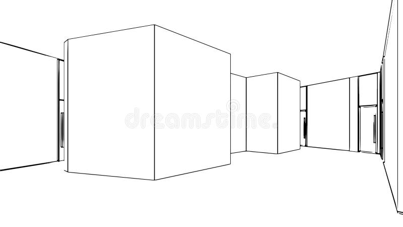 Line Drawing of a Large Office Building Hall,3d Rendering Stock Vector ...