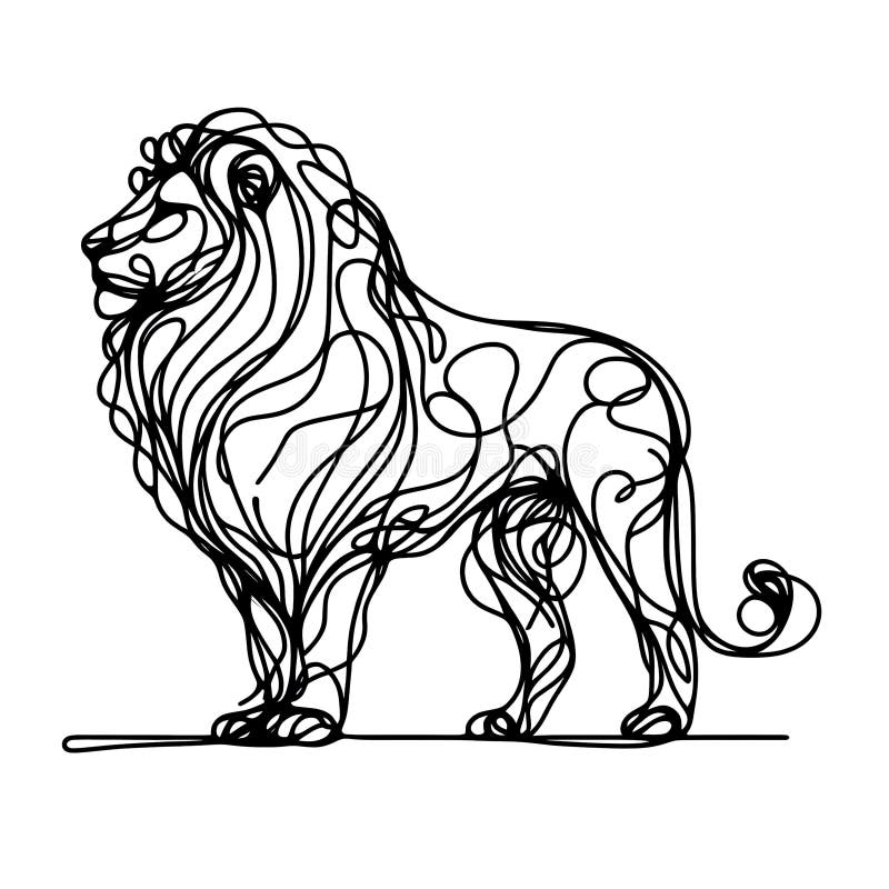A Line Drawing of a Lion with Flowing Mane and Tail, Standing on a ...