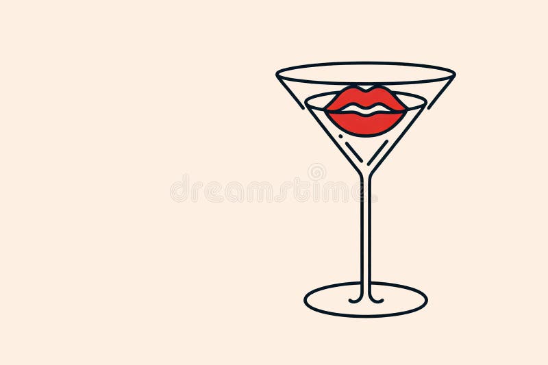 Line Drawing of a Martini Glass with Stylized Red Lips. Minimalist yet ...