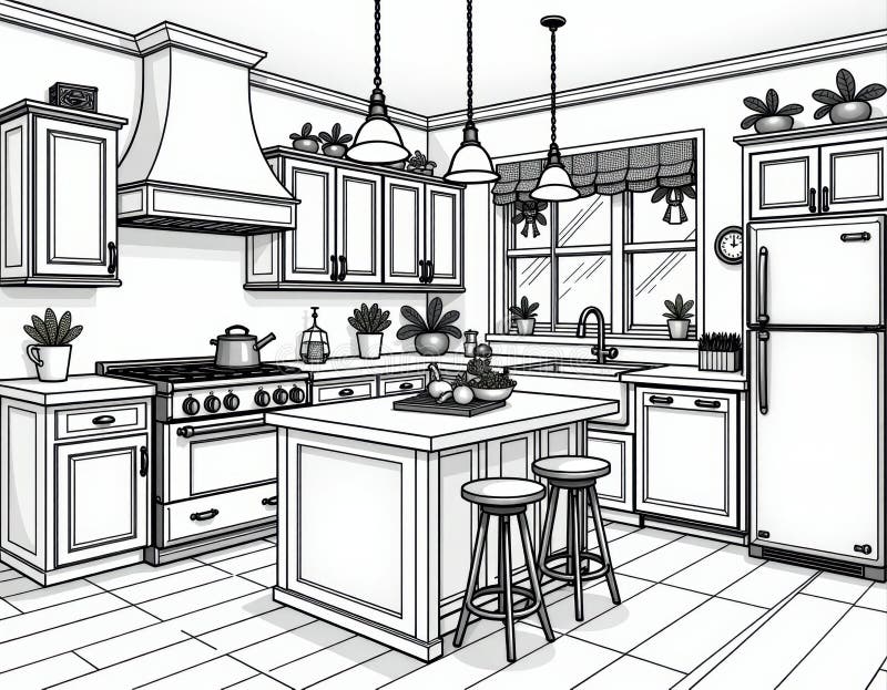 Line Drawing of a Modern Kitchen Design with Island and Stools Stock ...