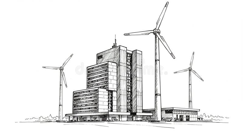 Line Drawing of a Modern Office Building with Multiple Stories and a ...