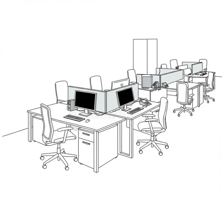 Line Drawing of a Modern Office Layout with Multiple Workstations ...