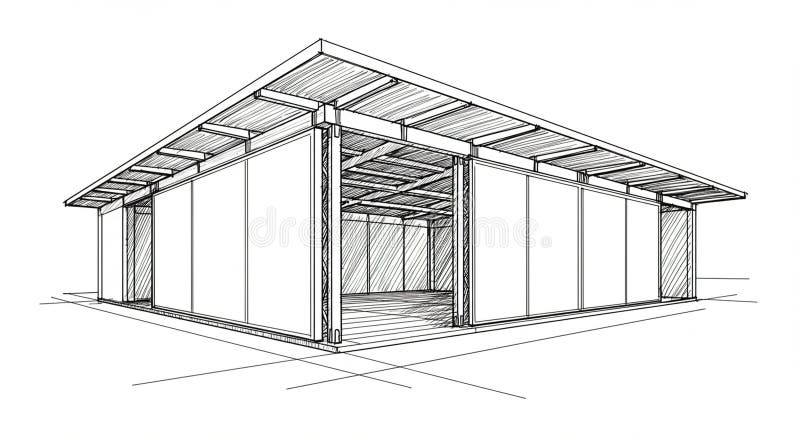 Line Drawing of a Modern, Rectangular Structure with an Open Side ...