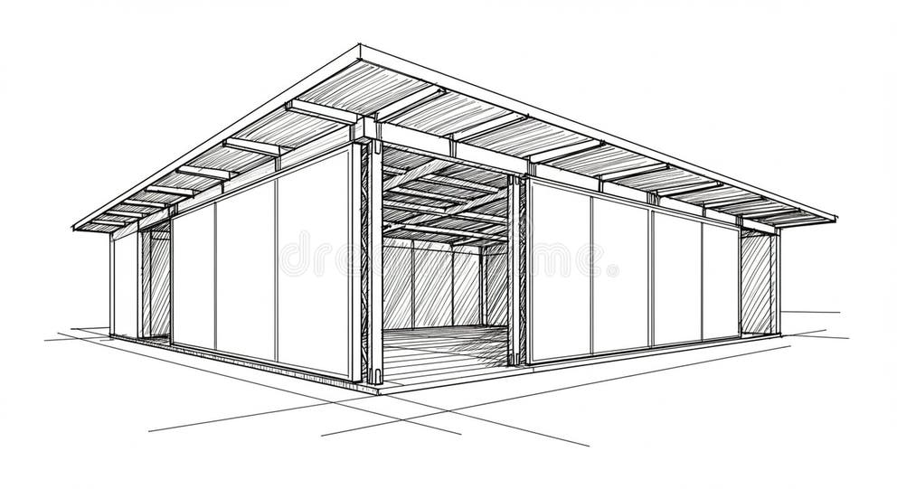 Line Drawing of a Modern, Rectangular Structure with an Open Side ...