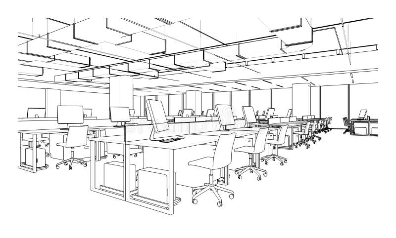 Line Drawing of Office,Modern Design Stock Illustration - Illustration ...