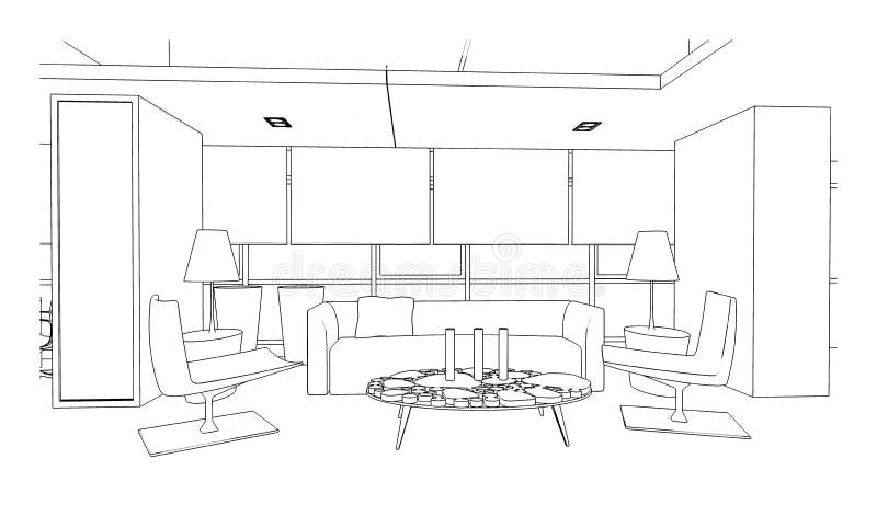 Line Drawing of Office Reception Area and Waiting Area,Modern Design ...