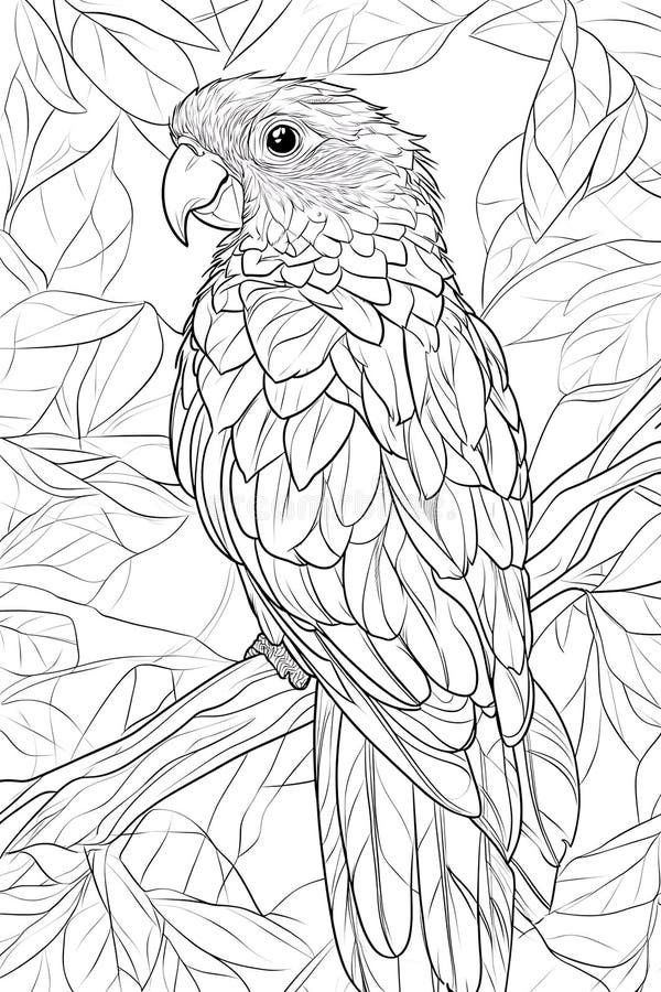 Line Drawing of a Parrot Perched on a Branch Amidst Leaves Stock ...