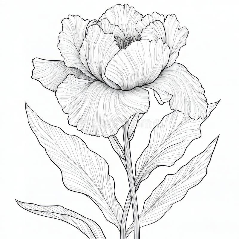 Line Drawing of a Peony Flower, Black and White Sketch. Stock Photo ...