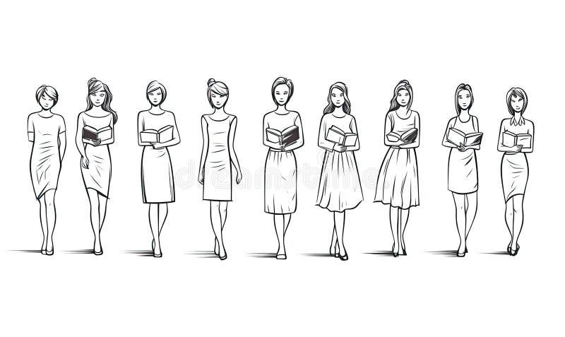 A Line Drawing of People Standing in a Row Stock Illustration ...