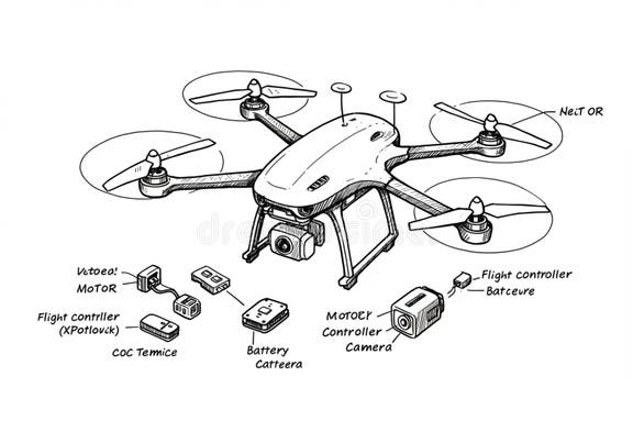 Line Drawing of a Quadcopter Drone with Labeled Components. Four ...