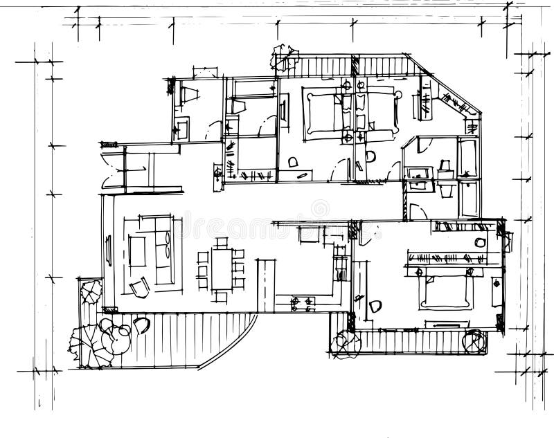 Line Drawing of Residential House Plan,modern Design,vector Stock ...