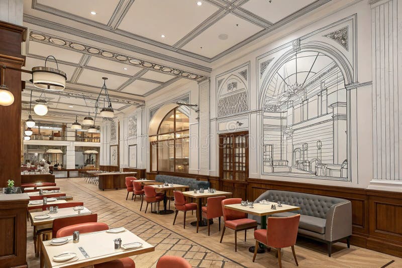 Restaurant Line Drawing Featuring Interior Design Stock Illustration ...