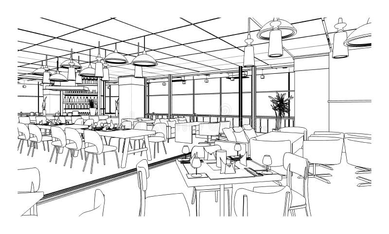 Line Drawing of Restaurant and Mall,Modern Design Stock Illustration ...