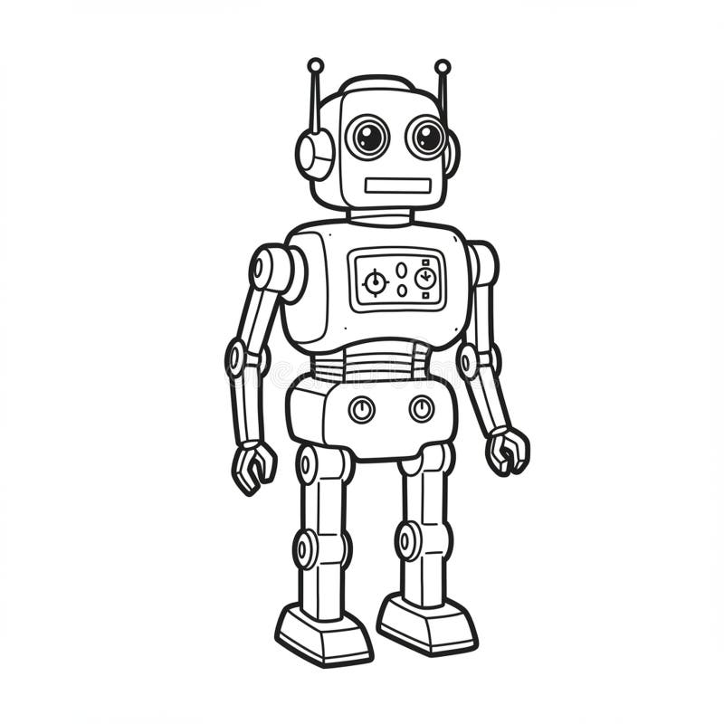 Line Drawing of a Retro-styled Robot Featuring a Boxy Head with ...