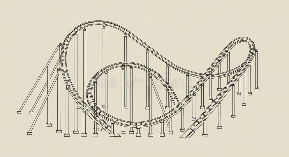 Line Drawing of a Roller Coaster Featuring a Complex Track with Steep ...