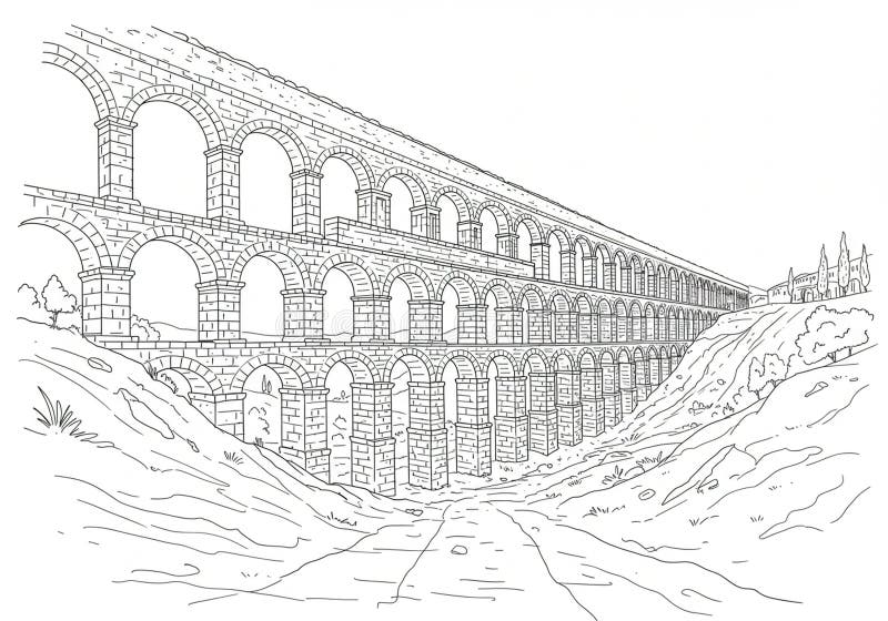 Line Drawing of a Roman-style Aqueduct with Multiple Arches Spanning a ...