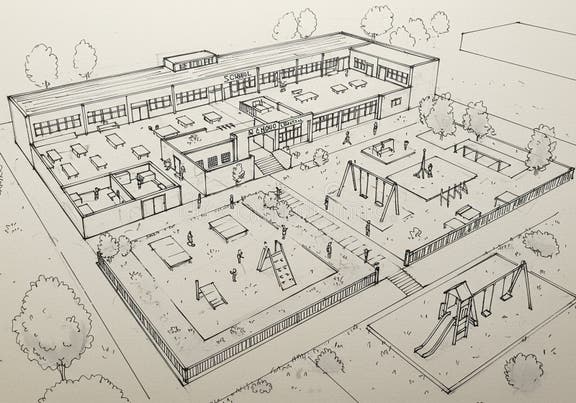 Line Drawing of a School Complex Layout Featuring a Rectangular ...